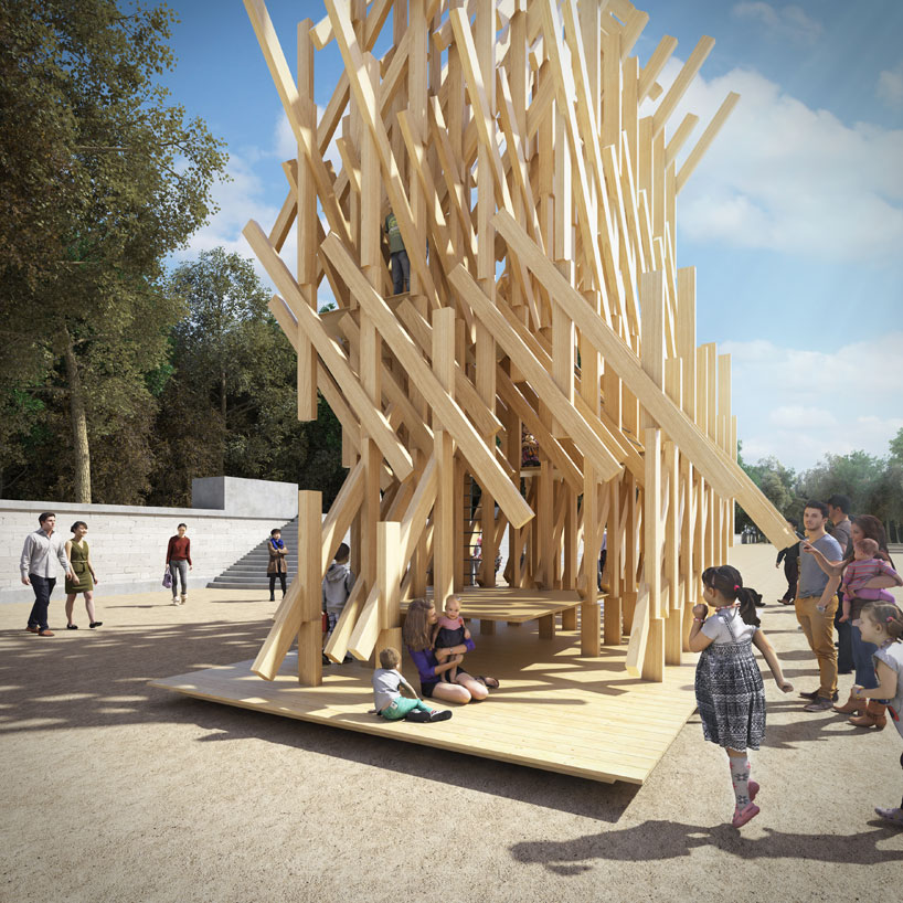 kengo kuma to assemble timber yure pavilion in paris