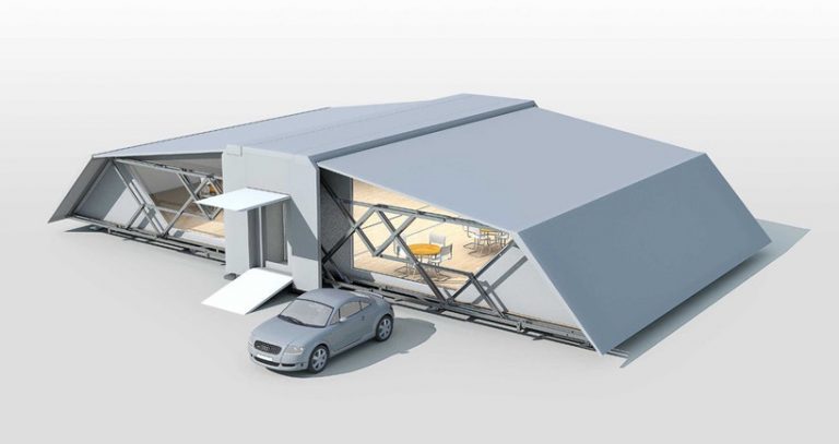 ten fold's houses unfold in eight minutes at the push of a button