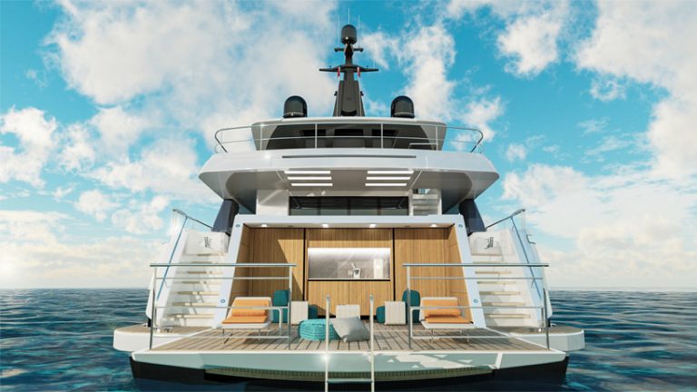 sporty-styled wider 130 yacht sails with waterside beach club