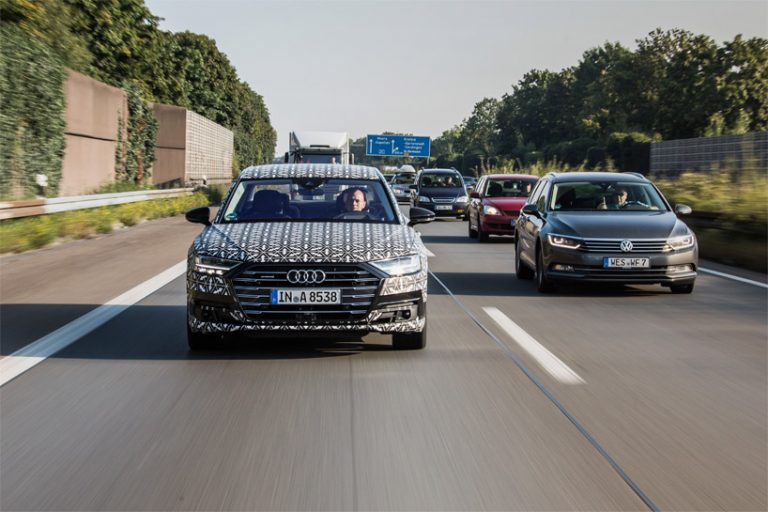 AUDI A8 self-driving test ride on german autobahns in düsseldorf