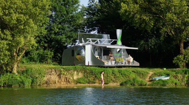 the scarabane is a self sufficient 360 degree rotating caravan