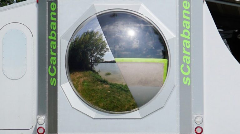 the scarabane is a self sufficient 360 degree rotating caravan
