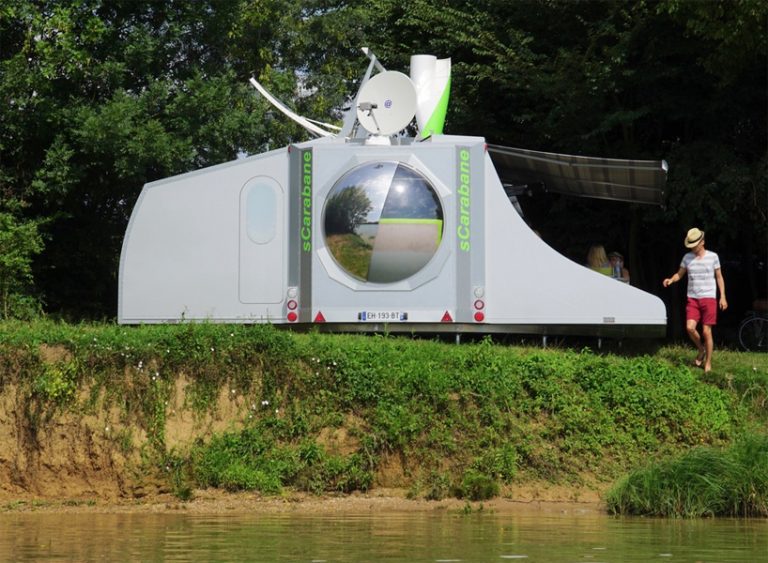 the scarabane is a self sufficient 360 degree rotating caravan