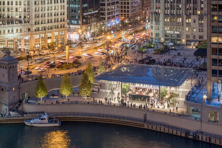 macbook-roofed apple store opens on chicago's riverfront