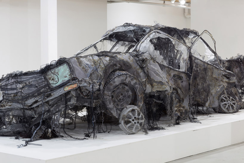 this full-scale demolished car is constructed from ghost-like textiles ...