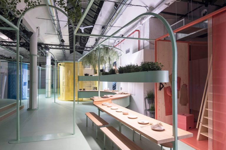 colorful MINI LIVING installation BUILT BY ALL residents and architects