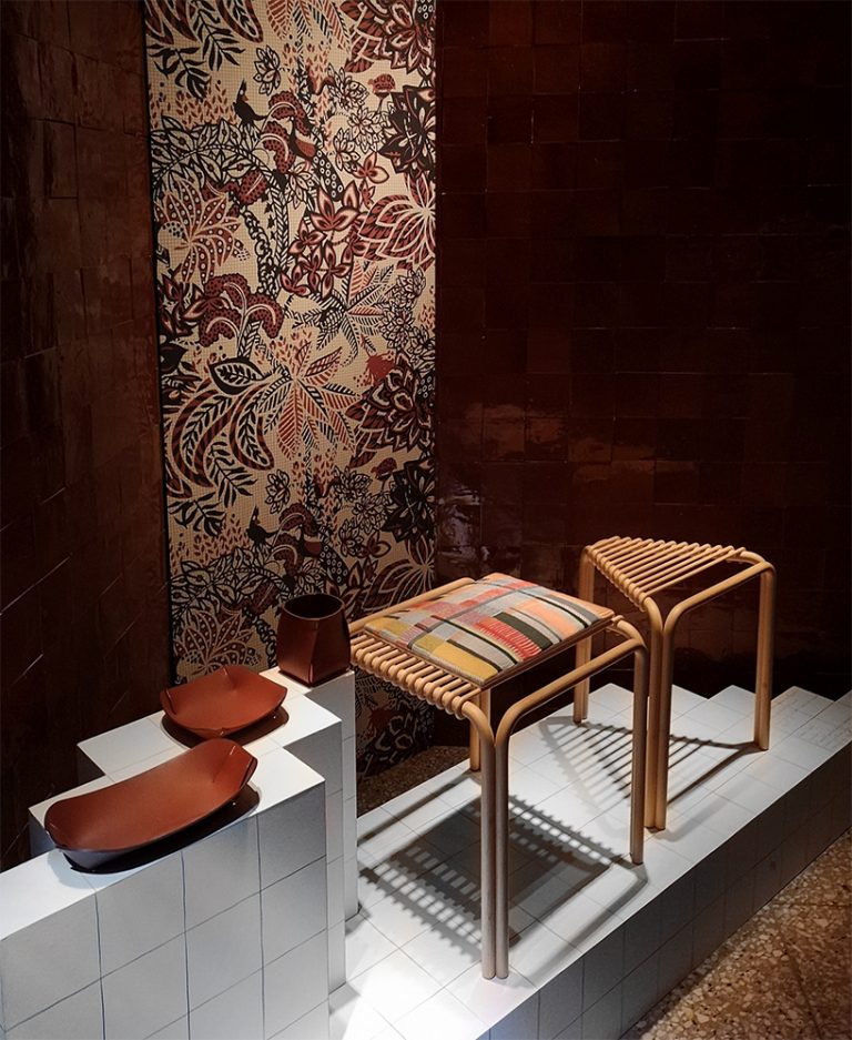 hermès presents new home collections within colorful, tile-clad chambers
