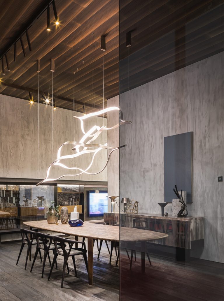 henge handcrafts oxymoron dining table with micro-mosaic top of walnut