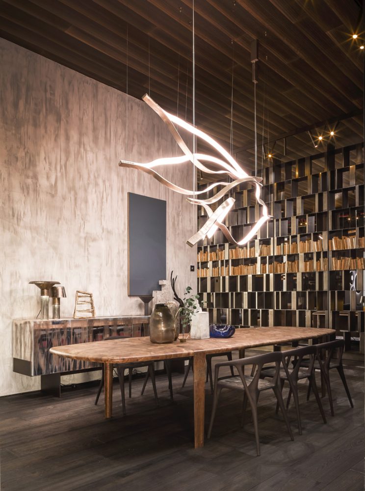 henge handcrafts oxymoron dining table with micro-mosaic top of walnut