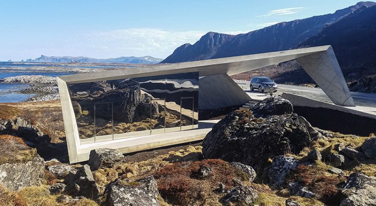 this delusive mirrored rest area welcomes travelers to the consecrated ...