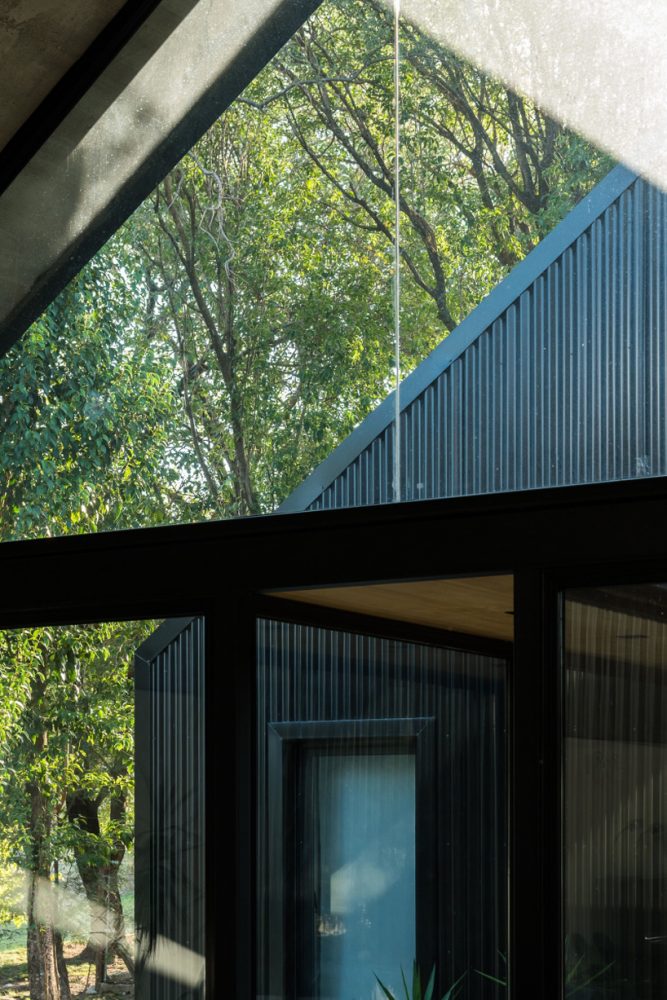 morini black house, 'la negrita,' is nestled among a forest in argentina