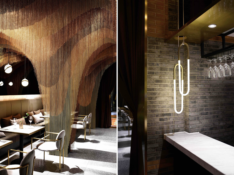 gold chains hanging from the ceiling of this tea house mimic the shape ...