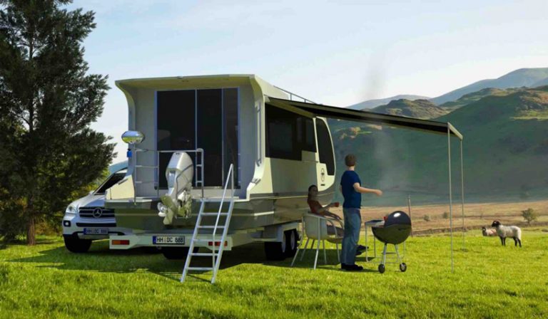 the caravanboat hybrid is both camper and houseboat