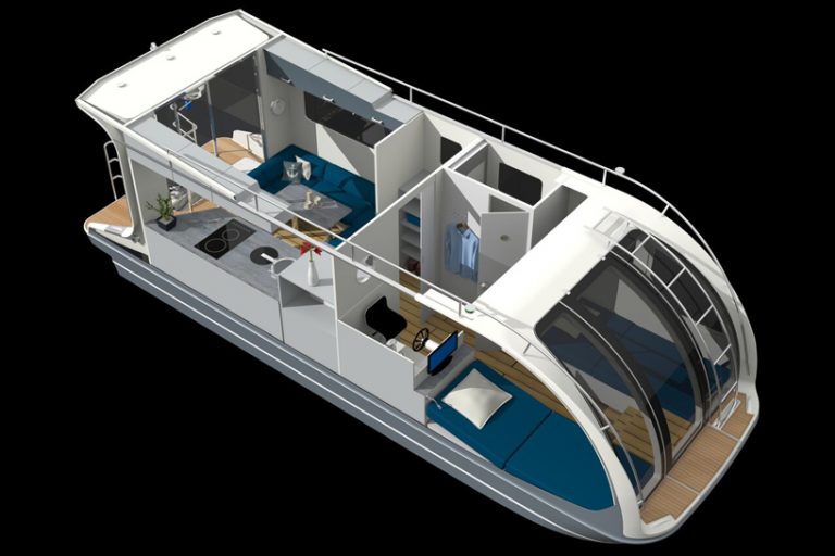 the caravanboat hybrid is both camper and houseboat