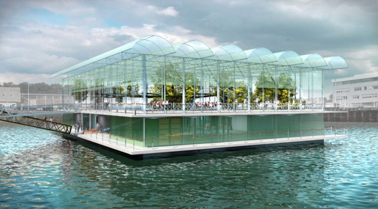 world's first floating farm houses cows in hurricane-resilient structure