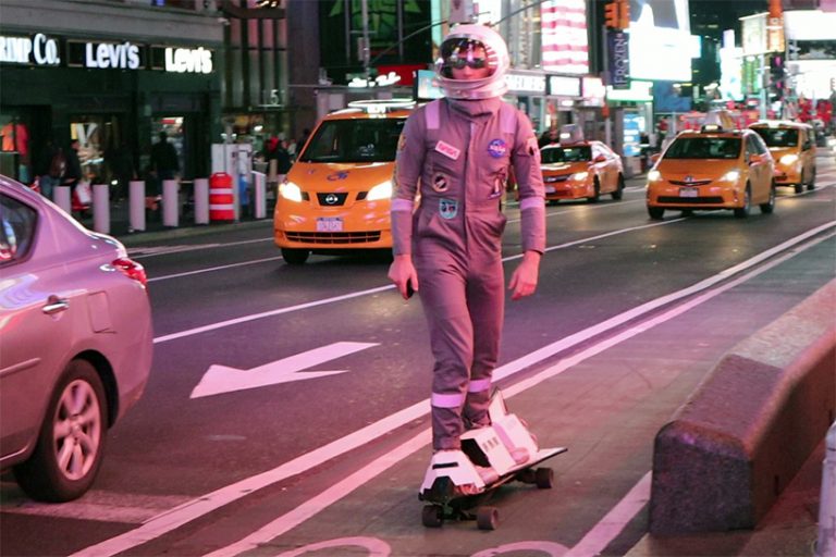 boosted board turned 'rocketship' flies through times square