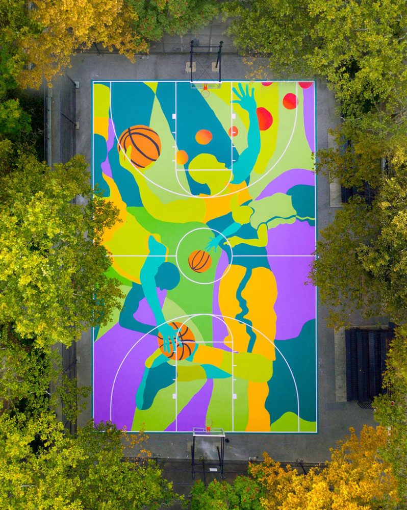 MADSTEEZ transforms harlem basketball court into vibrant street art mural
