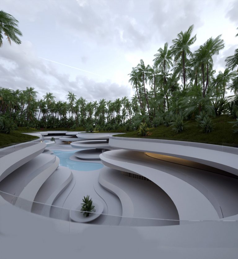 subterranean swimming pool mimics eroded landform with multiple levels
