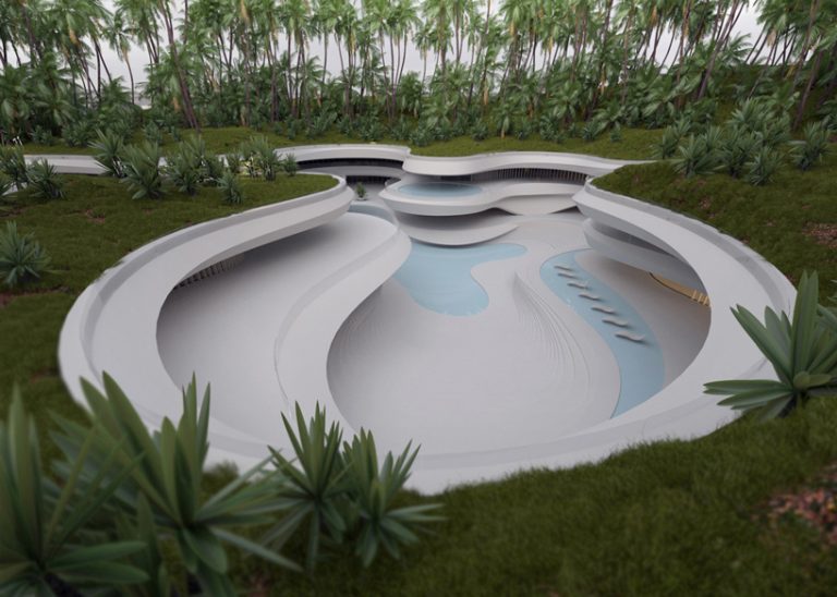 subterranean swimming pool mimics eroded landform with multiple levels