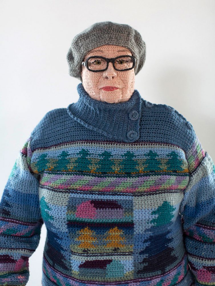 crochet artist creates life-size replicas of local woman and her dog