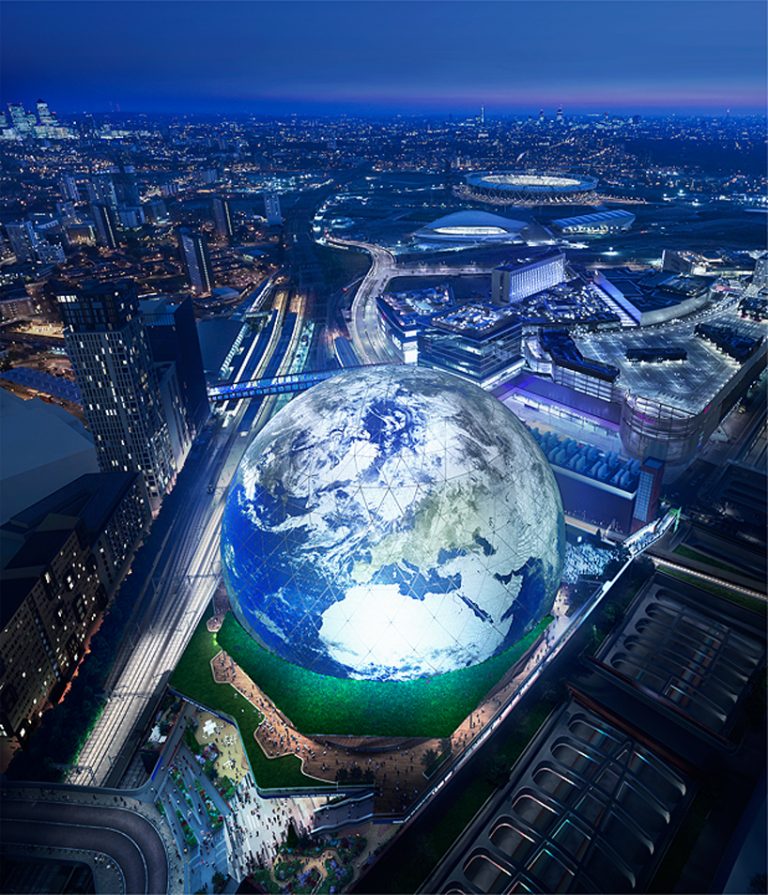 london's proposed MSG sphere is clad in a skin of triangulated LED panels