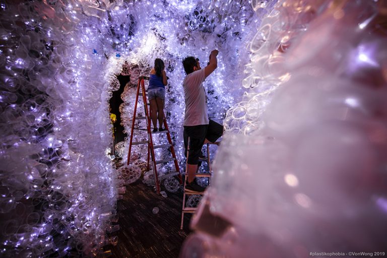 this bubbly cosmic cave is made from 18,000 recycled plastic cups