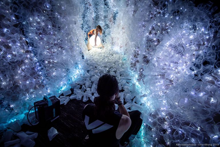 this bubbly cosmic cave is made from 18,000 recycled plastic cups
