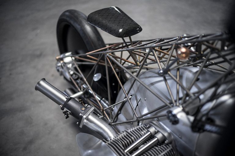 unreleased BMW motorcycle prototype spun with custom web-like geometry