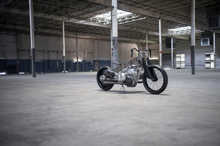 unreleased BMW motorcycle prototype spun with custom web-like geometry