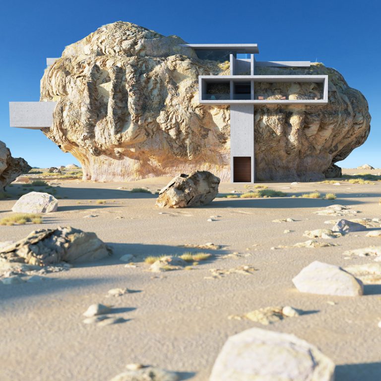 'house inside a rock' shows concrete slabs contrasting organic geometries