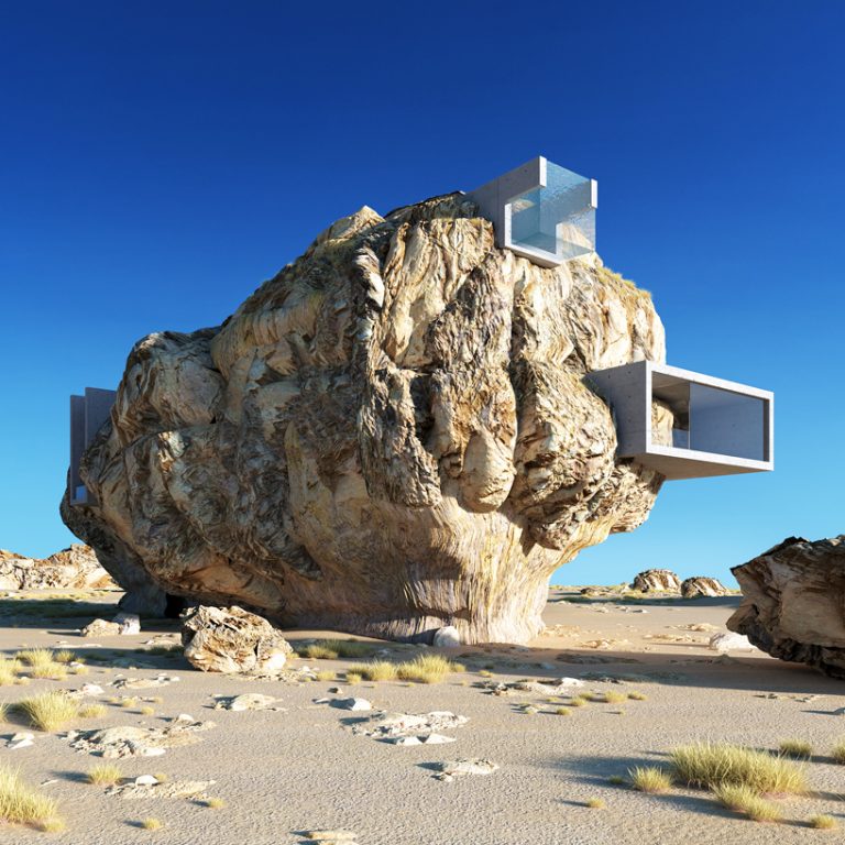 'house inside a rock' shows concrete slabs contrasting organic geometries