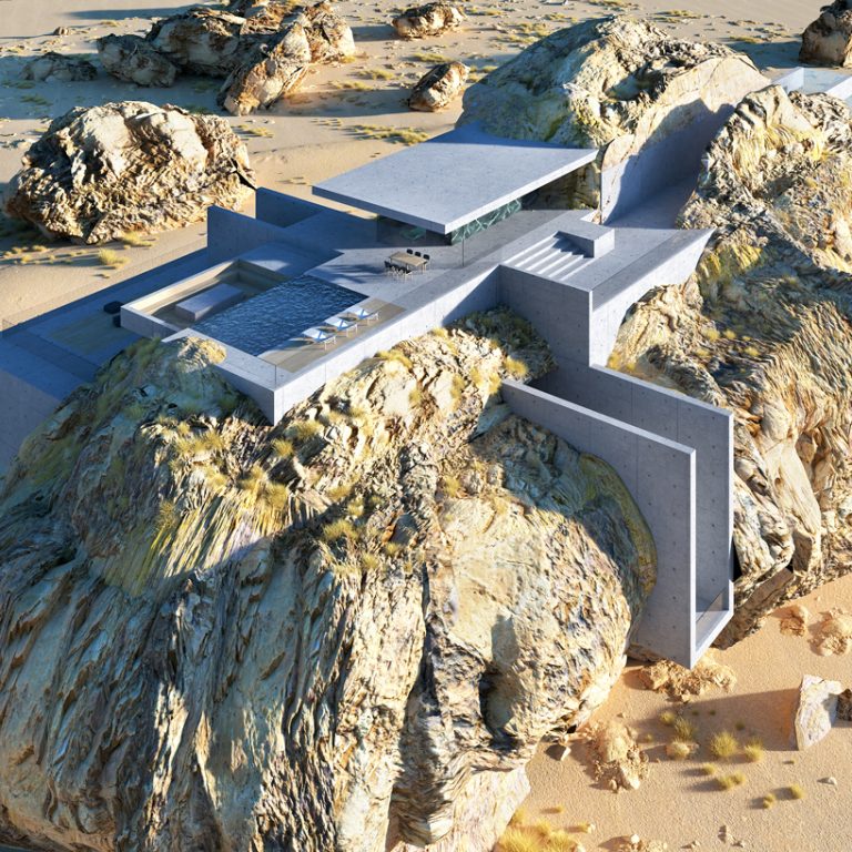 'house inside a rock' shows concrete slabs contrasting organic geometries