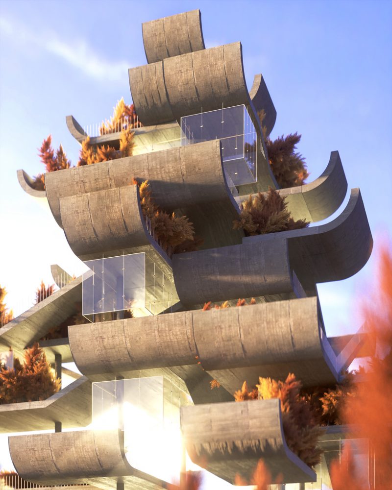 the traditional pagoda style is reinterpreted through a modernist lens