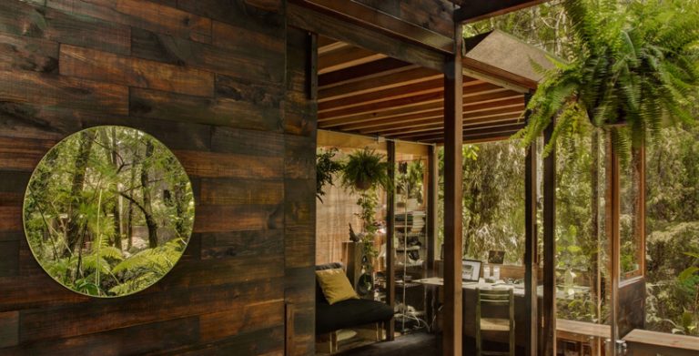 suspended treehouse by talleresque illuminates the surrounding forest ...