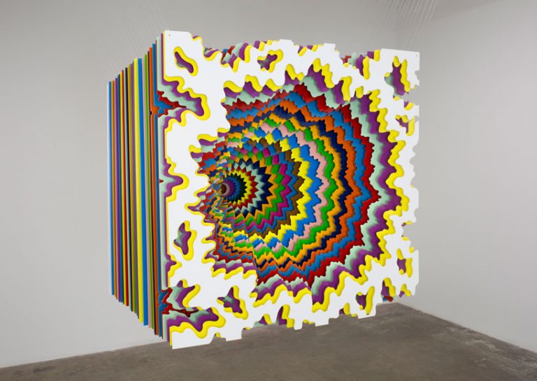 jen stark transforms new york city gallery into kaleidoscope of color