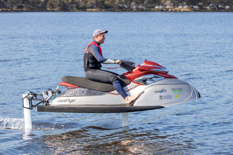 the waveflyer electric hydrofoil jet-ski flies above the water