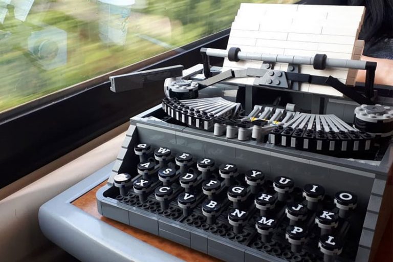 designer builds life-size LEGO typewriter with working hand-crank