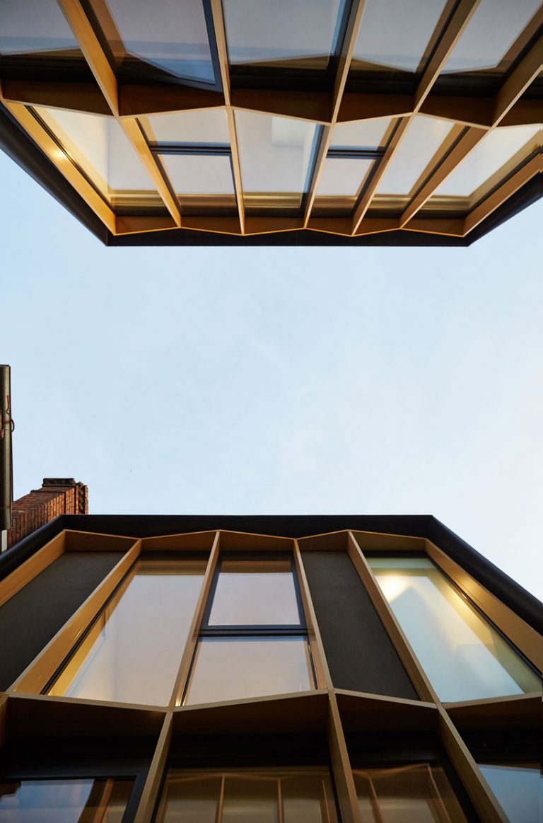DROO frames burwood road apartment facade with faceted golden fins