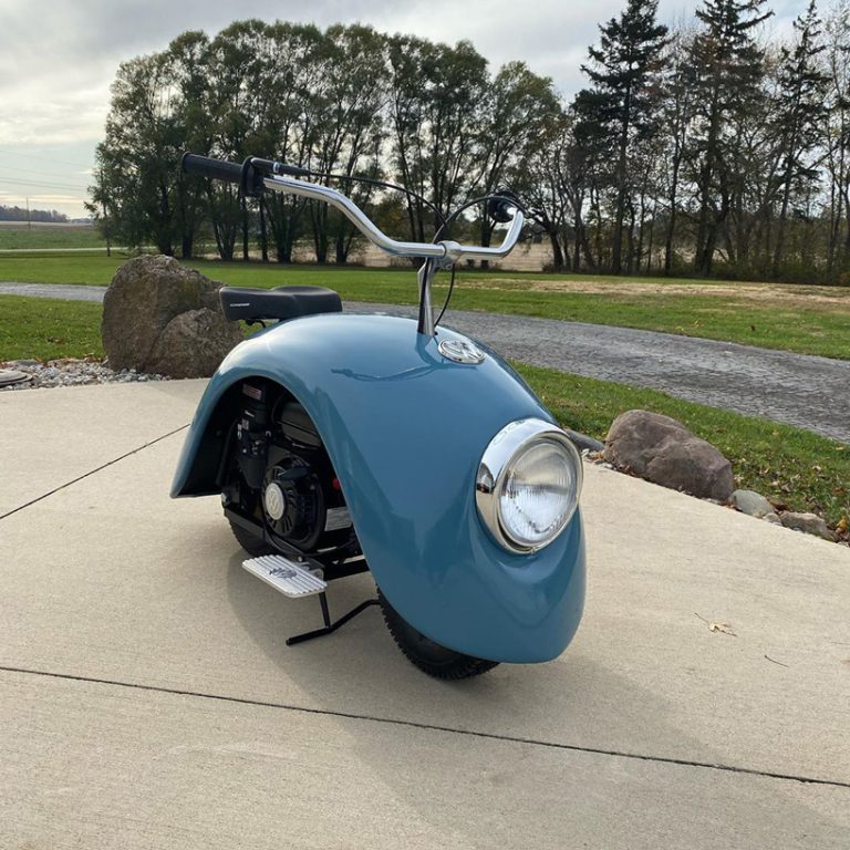 an original volkswagen beetle was taken apart to create these mini bikes