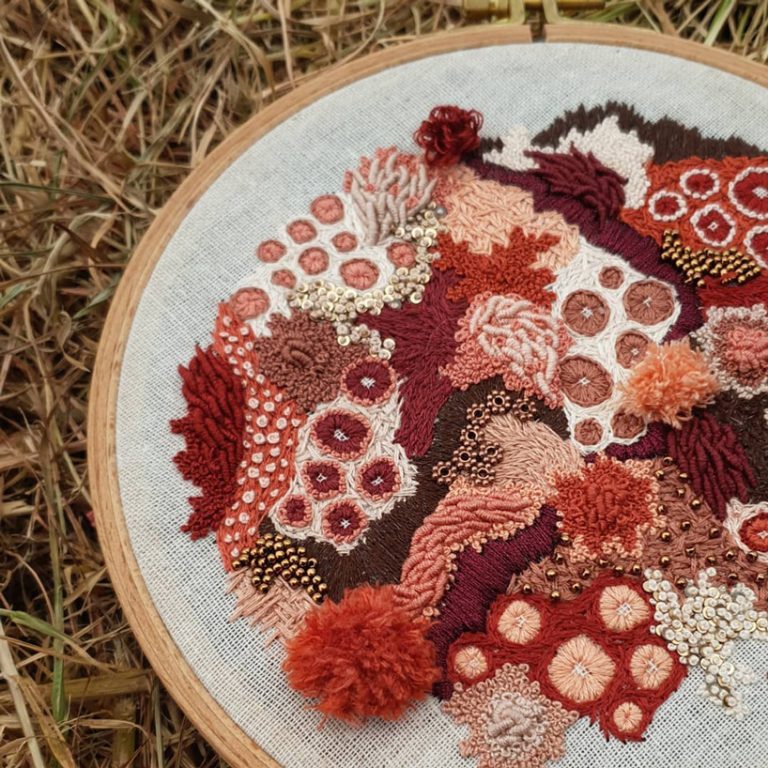 hannah kwasnycia stitches moss, lichen and coral reef embroidery hoops