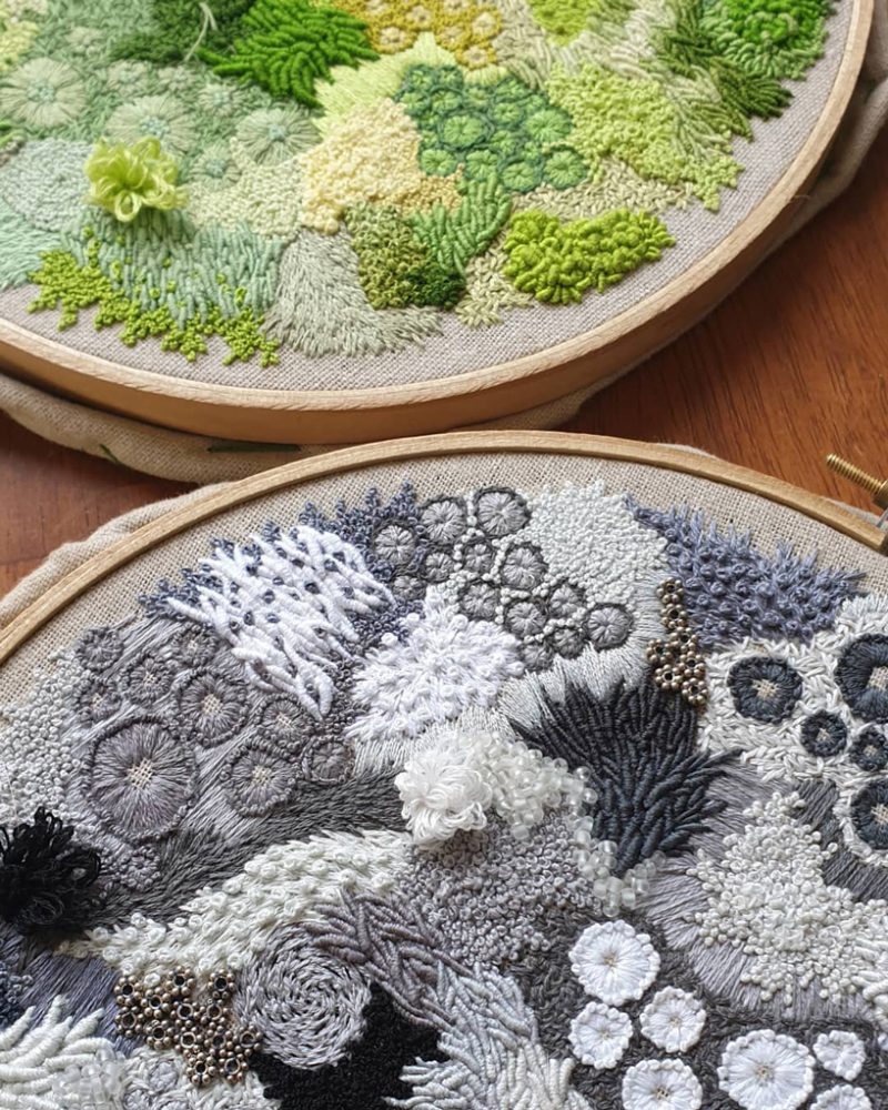hannah kwasnycia stitches moss, lichen and coral reef embroidery hoops