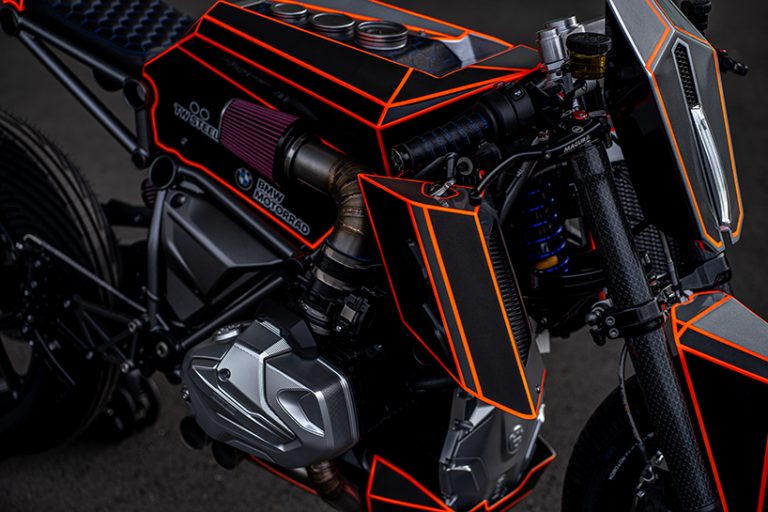 ironwood custom motorcycles lines BMW R1250 GS with flaming stripes