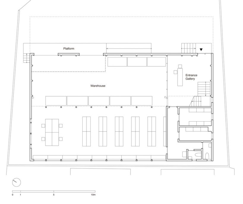 arii irie architects tops light-filled warehouse in ageo, japan, with exposed timber roof truss