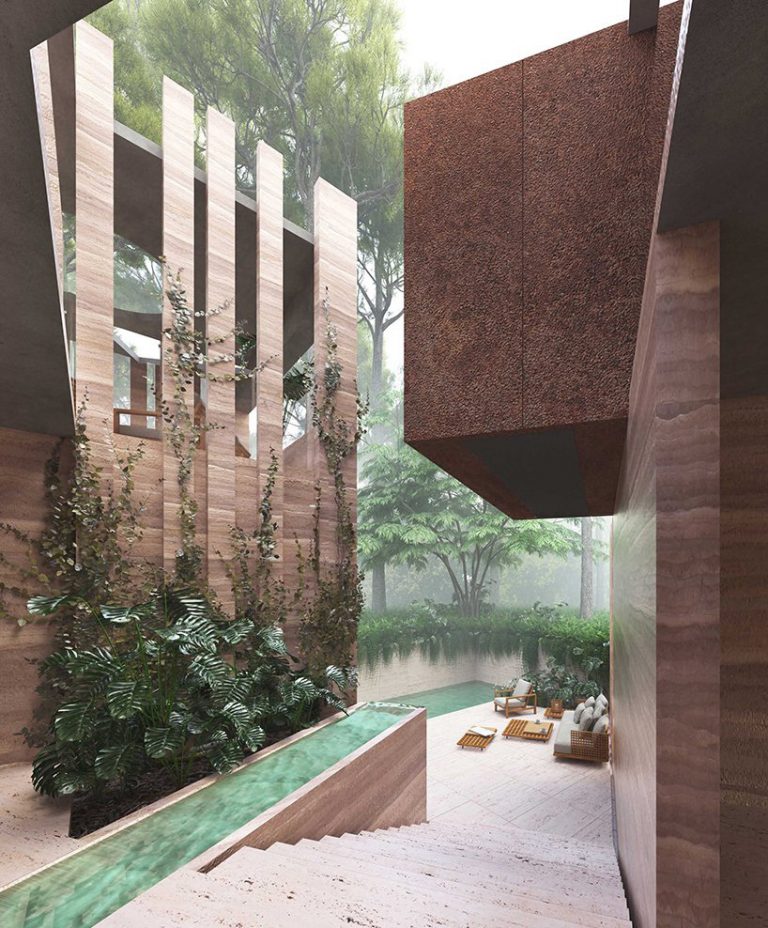 rammed earth walls build this tropical retreat with waterfalls in india