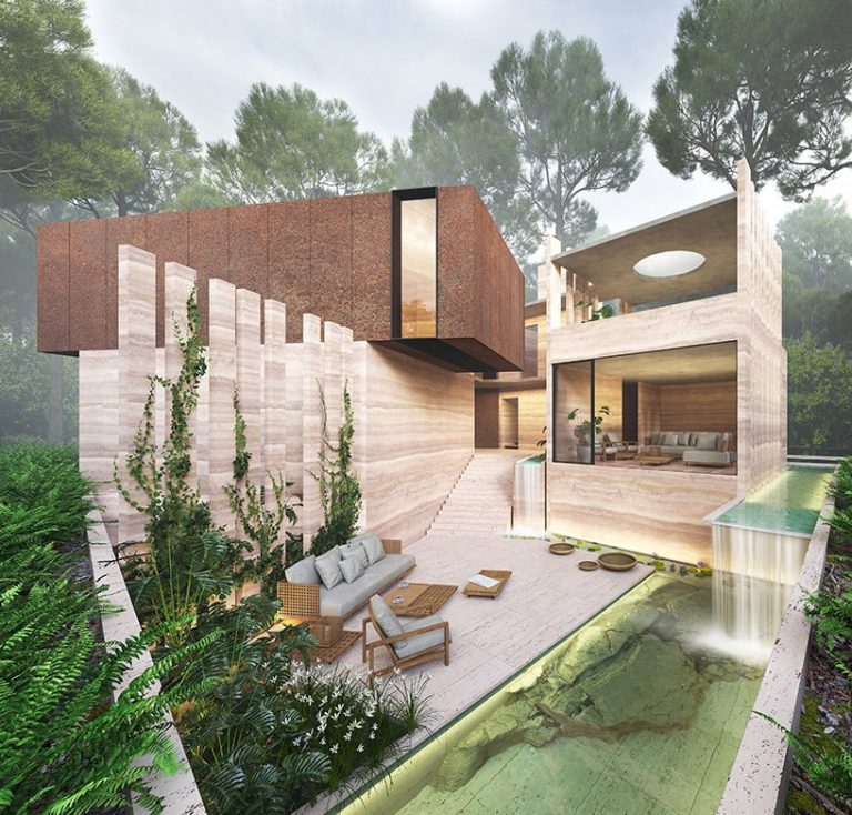 rammed earth walls build this tropical retreat with waterfalls in india