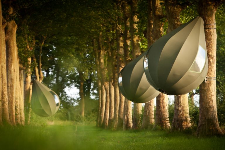 spend the night in a teardrop-shaped tent suspended in a belgian forest