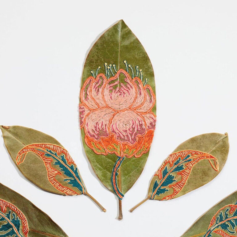 hillary waters fayle stitches + embroiders leaves with botanical patterns
