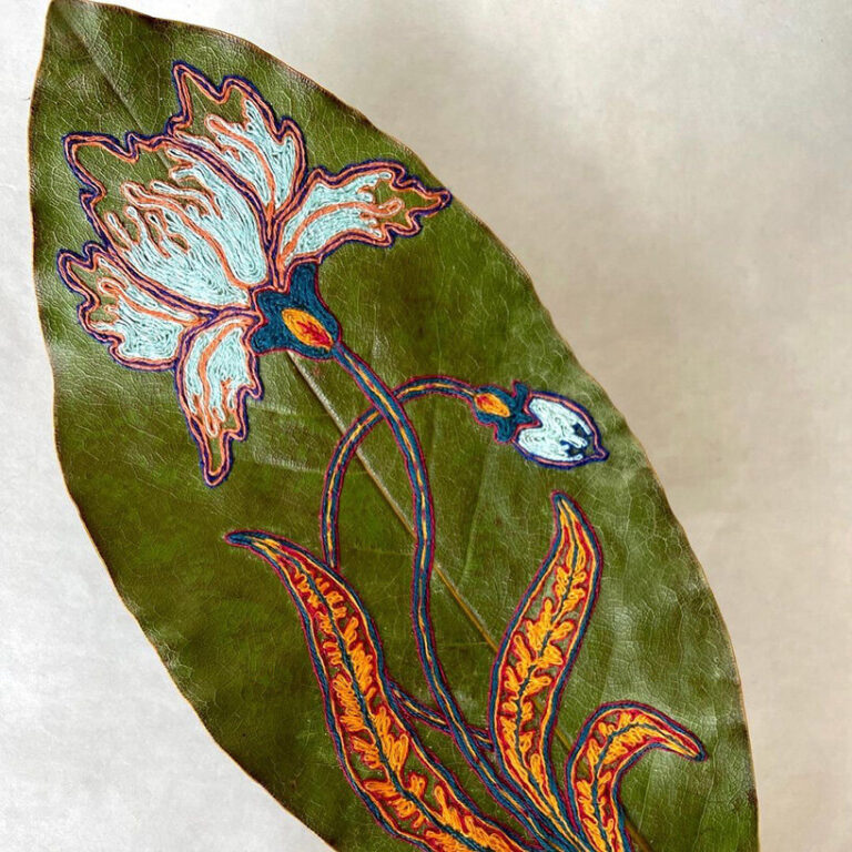 hillary waters fayle stitches + embroiders leaves with botanical patterns