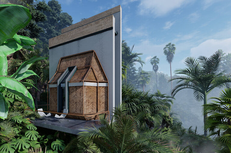 shomali studio envisions a cluster of faceted 'eibche' dwellings in bali