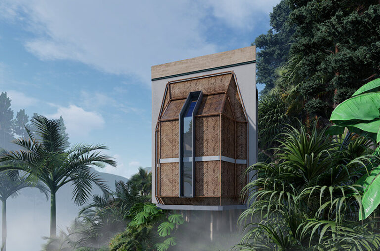 shomali studio envisions a cluster of faceted 'eibche' dwellings in bali
